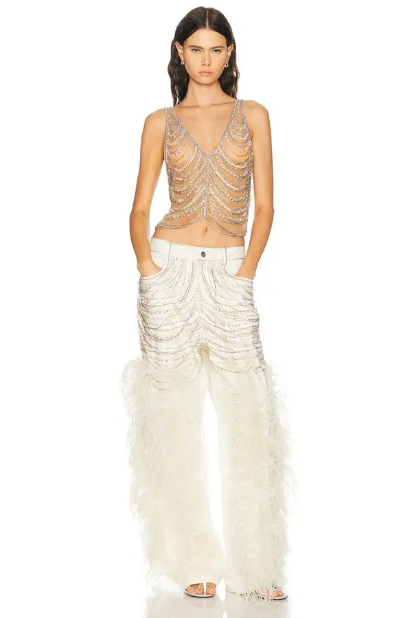 Lapointe Draped Crystal Embroidery V Neck Tank Top