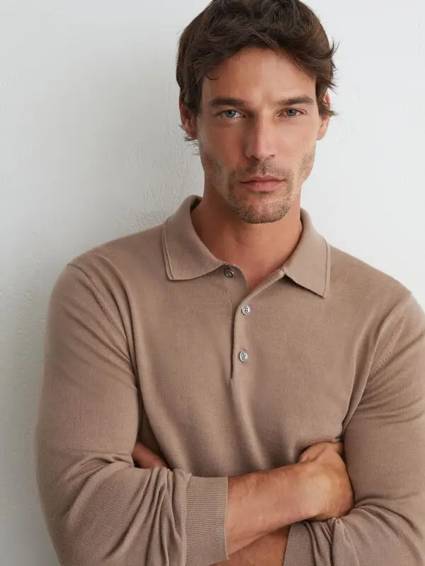 REISS Trafford Merino Wool Long-sleeve Polo Shirt - Camel Brown