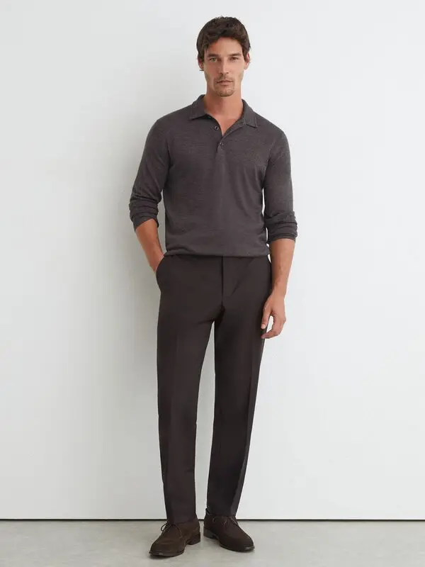 REISS Trafford Merino Wool Long-sleeve Polo Shirt - Dark Wicker Brown