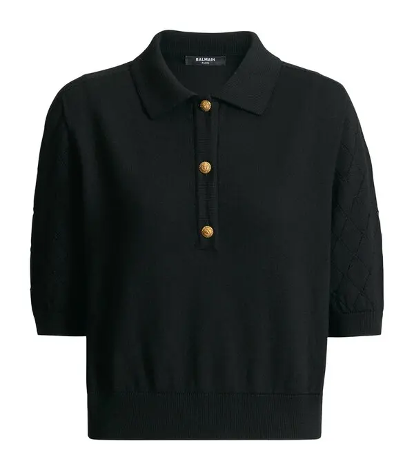 Balmain Merino Wool Openwork Crop Polo Shirt
