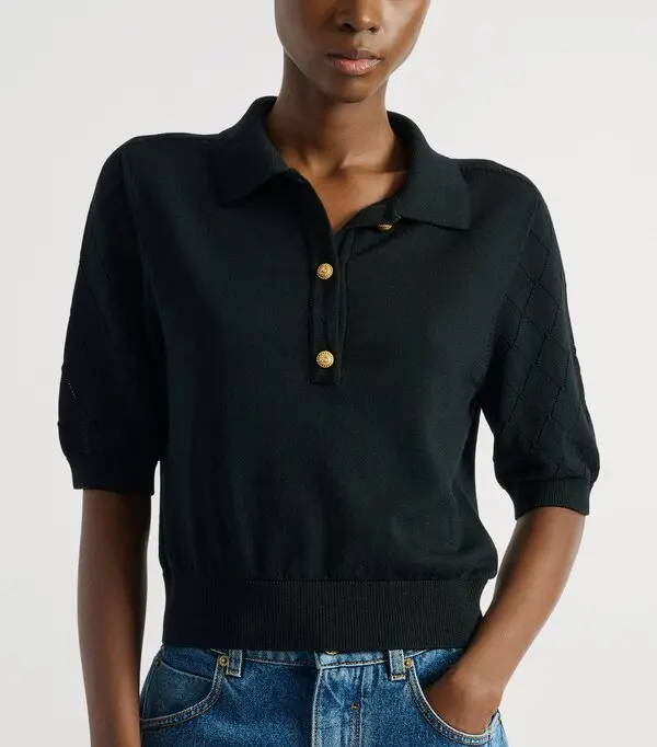 Balmain Merino Wool Openwork Crop Polo Shirt