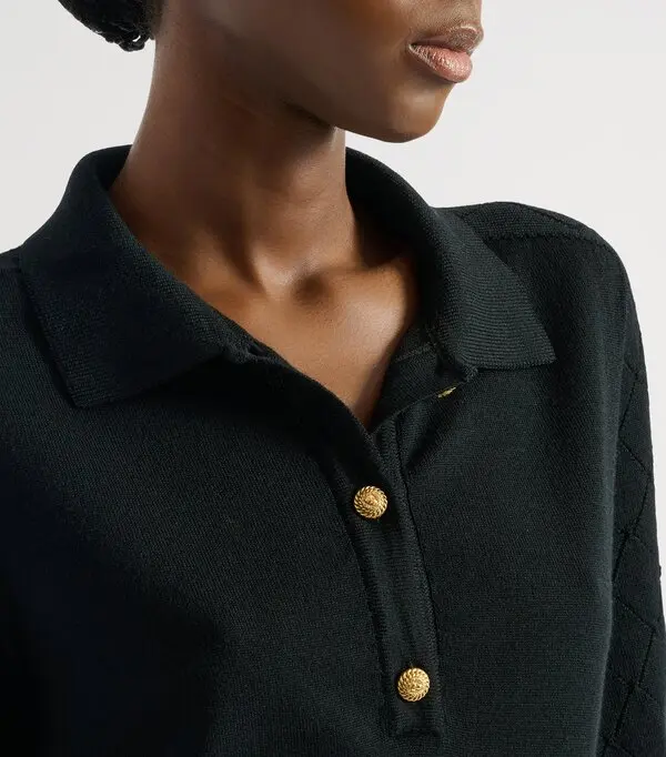 Balmain Merino Wool Openwork Crop Polo Shirt