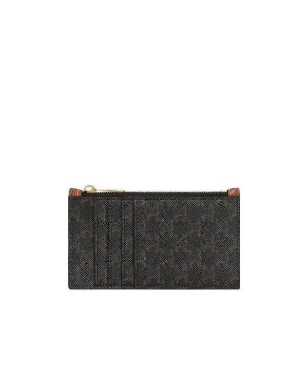 Celine Zipped Compact Card Holder In Triomphe Canvas And Lambskin - Black