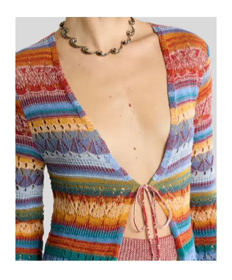 Etro Long Knit Cotton Cardigan With Stripes And Openwork