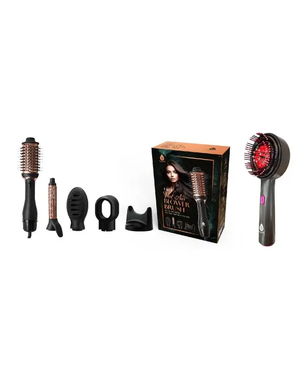 PURSONIC Hair Wellness Duo: Hot Air Blower Brush & 3-in-1 Led Therapy Scalp Brush - Black