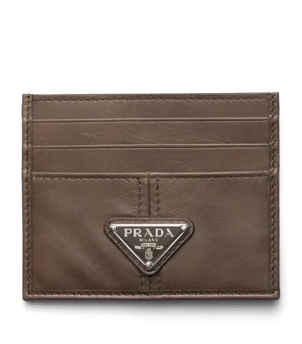 Prada Calfskin Triangle Card Holder - Grey