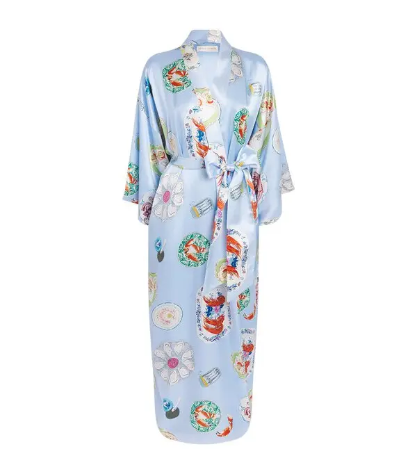 Olivia Von Halle Silk Queenie Cadiz Seafood Night Robe - Blue