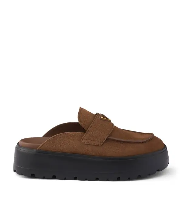 Prada Nubuck Leather Flatform Mules - Brown
