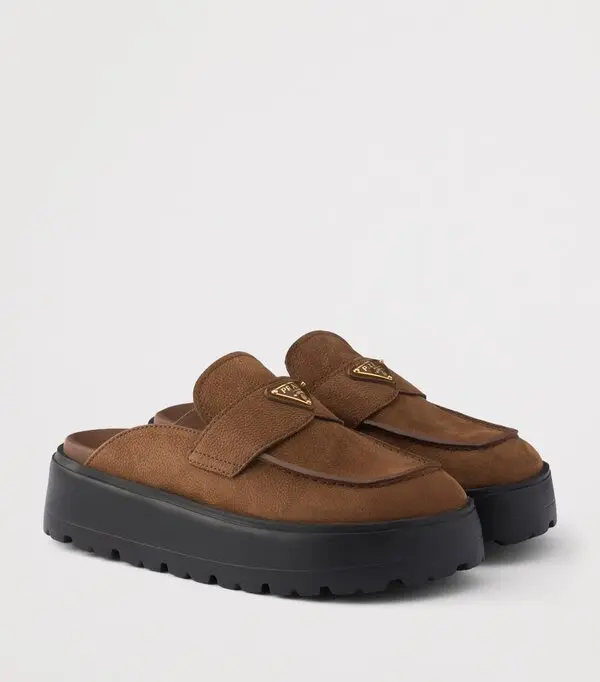 Prada Nubuck Leather Flatform Mules - Brown