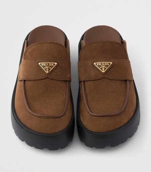 Prada Nubuck Leather Flatform Mules - Brown