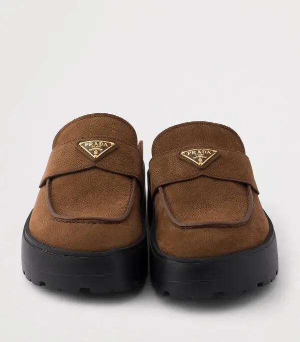 Prada Nubuck Leather Flatform Mules - Brown