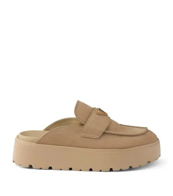 Prada Nubuck Leather Flatform Mules - Neutral