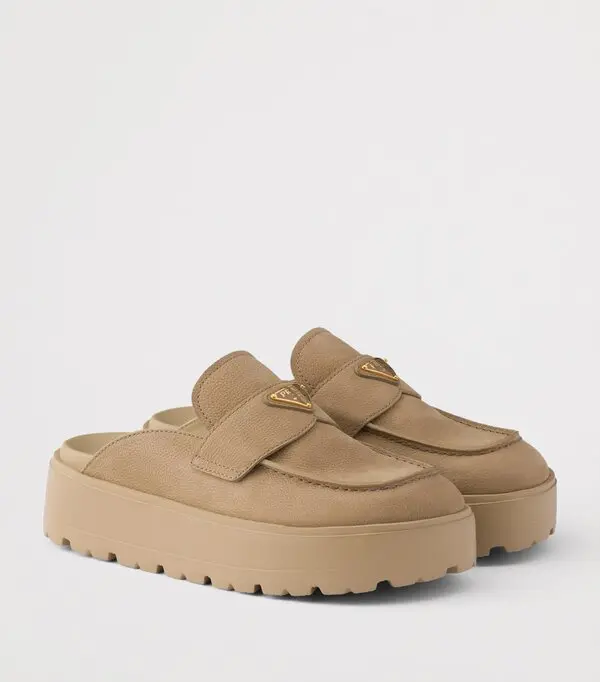 Prada Nubuck Leather Flatform Mules - Neutral
