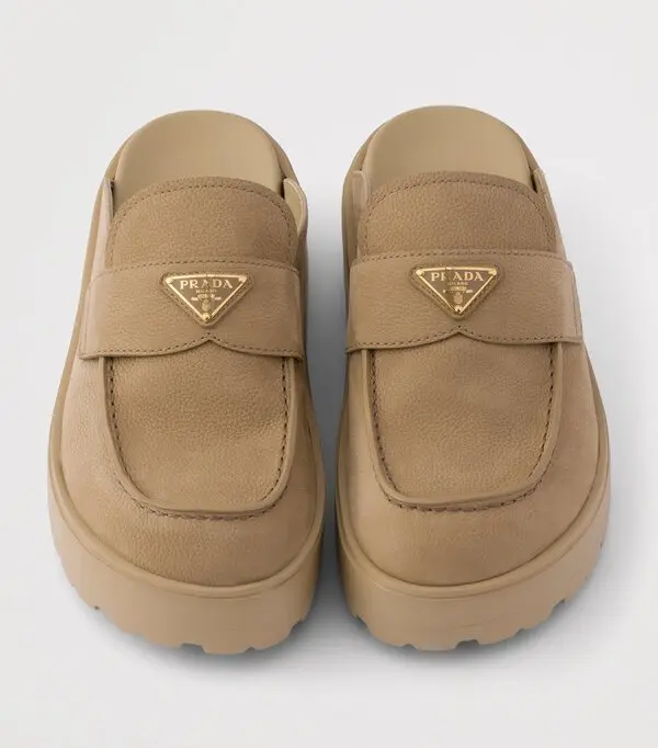 Prada Nubuck Leather Flatform Mules - Neutral