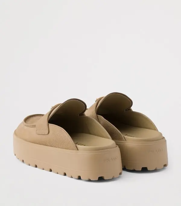 Prada Nubuck Leather Flatform Mules - Neutral