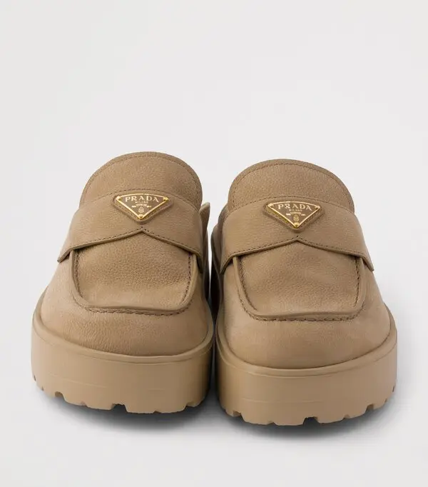 Prada Nubuck Leather Flatform Mules - Neutral