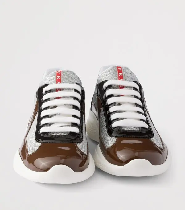 Prada America's Cup Patent Leather-mesh Sneakers - Brown
