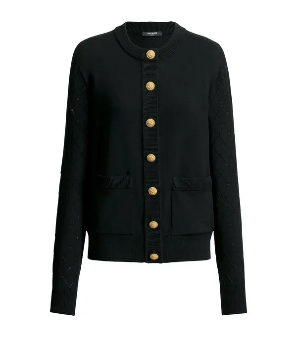 Balmain Merino Wool Cardigan With Lion Chain Buttons - Black