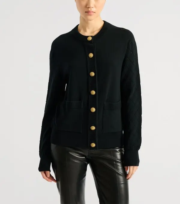 Balmain Merino Wool Cardigan With Lion Chain Buttons - Black
