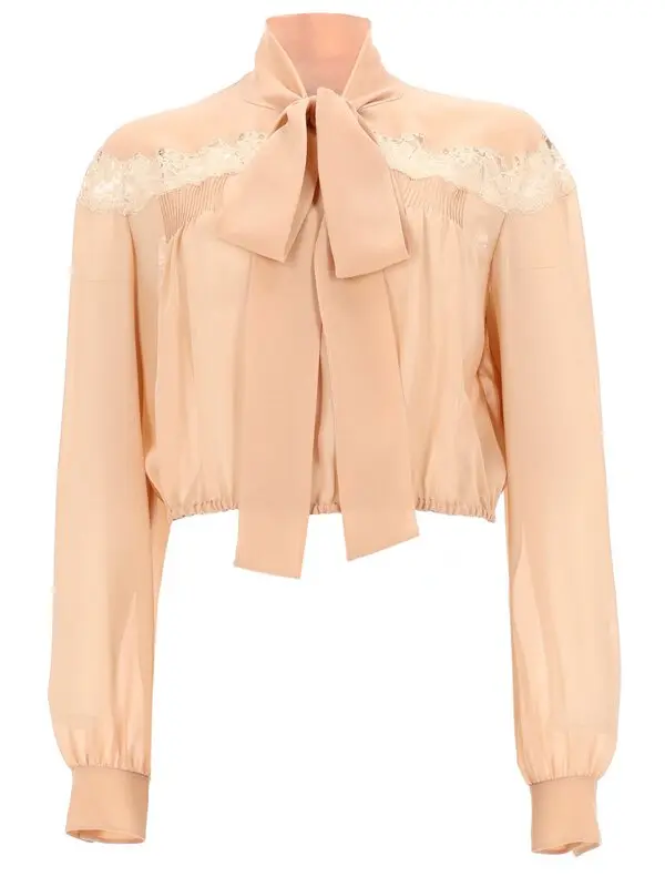 Saint Laurent Silk Georgette And Lace Lavallière Blouse - Nude