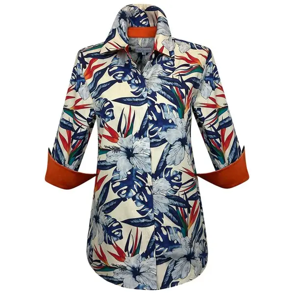 PERLAVERA Neutrals Cos Lilies Printed Three Quarter Sleeve Shirt - Blue