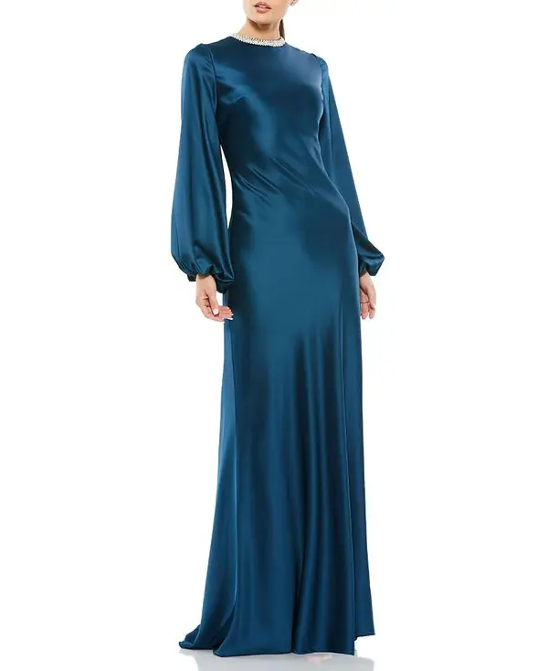 Mac Duggal Petite Beaded High Neck Bishop Sleeve Satin Gown - Sapphire