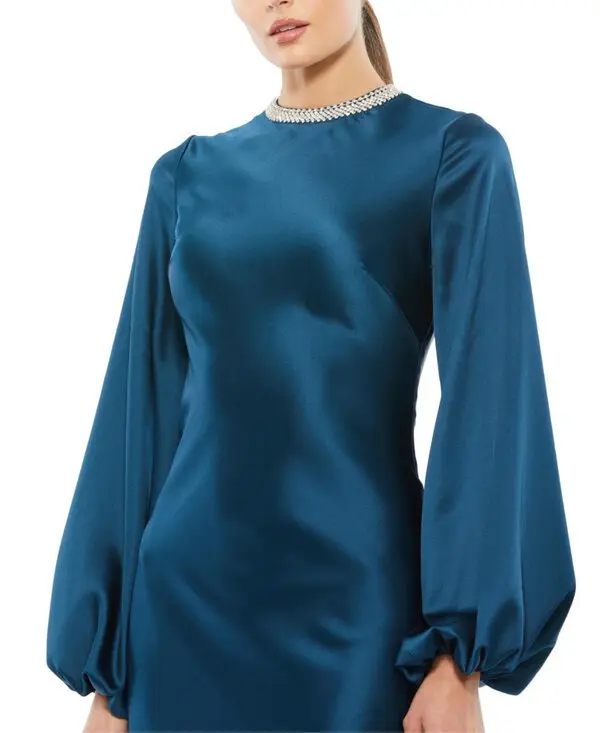 Mac Duggal Petite Beaded High Neck Bishop Sleeve Satin Gown - Sapphire