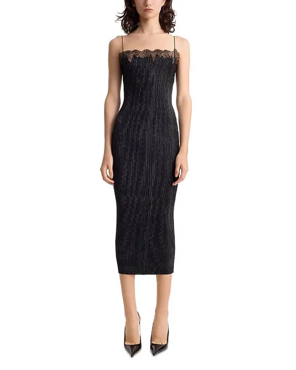 FFORME Lumi Long Pleated Dress With Lace Trim - Black
