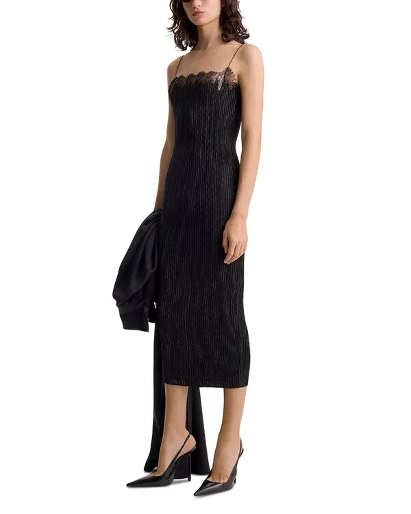 FFORME Lumi Long Pleated Dress With Lace Trim - Black