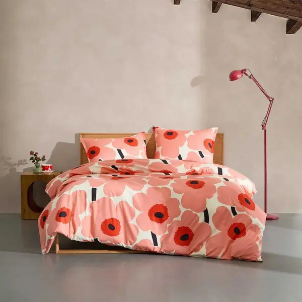 Marimekko Unikko Cotton Reversible 3 Piece Duvet Cover Set, King - Coral