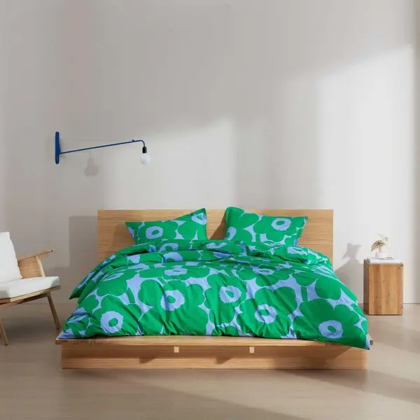 Marimekko Unikko Cotton Reversible 3 Piece Duvet Cover Set, King - Green/blue