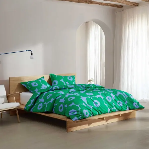 Marimekko Unikko Cotton Reversible 3 Piece Duvet Cover Set, King - Green/blue