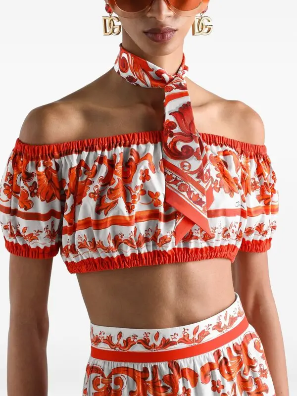 Dolce & Gabbana Maiolica Print Off-the-shoulder Cotton Poplin Top - Multicolor