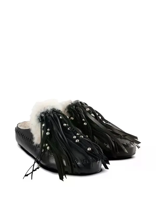 ANN DEMEULEMEESTER Fringe Detail Shearling Lined Mules - Black