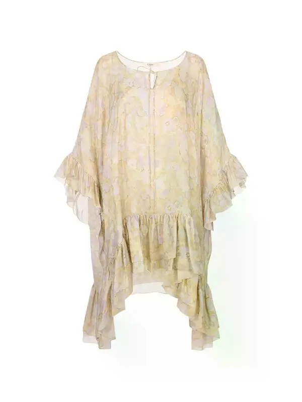 Chloé Ruffled Asymmetric Floral Print Dress - Neutrals