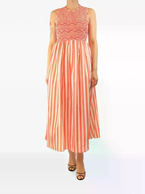 Loretta Caponi Smocked Striped Midi Dress