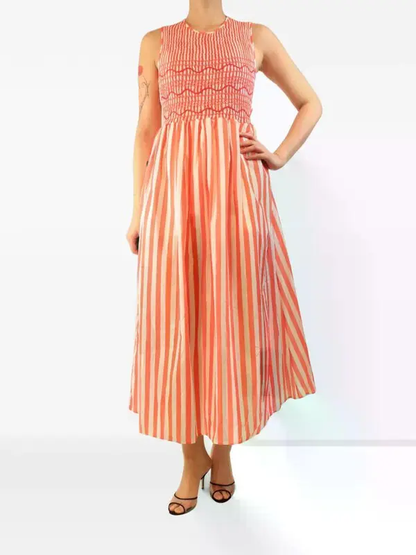 Loretta Caponi Smocked Striped Midi Dress