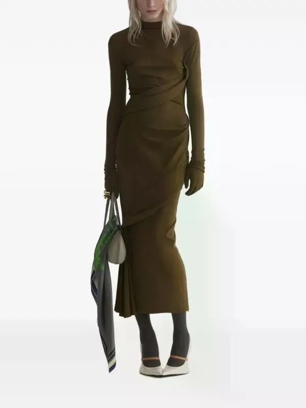 MUGLER Draped Turtleneck Midi Dress - Brown