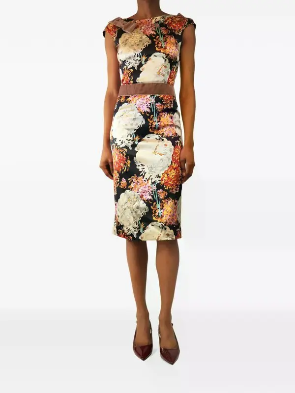 Dolce & Gabbana Floral Print Velvet Trim Midi Dress - Black