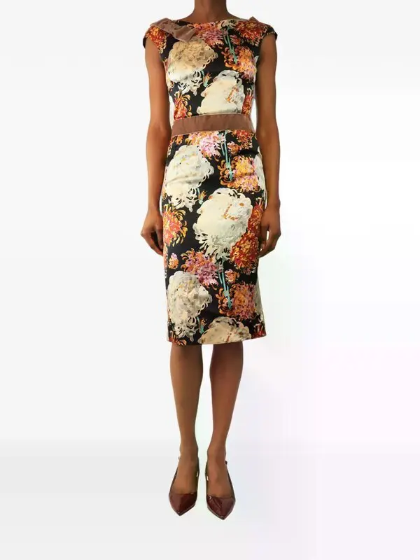Dolce & Gabbana Floral Print Velvet Trim Midi Dress