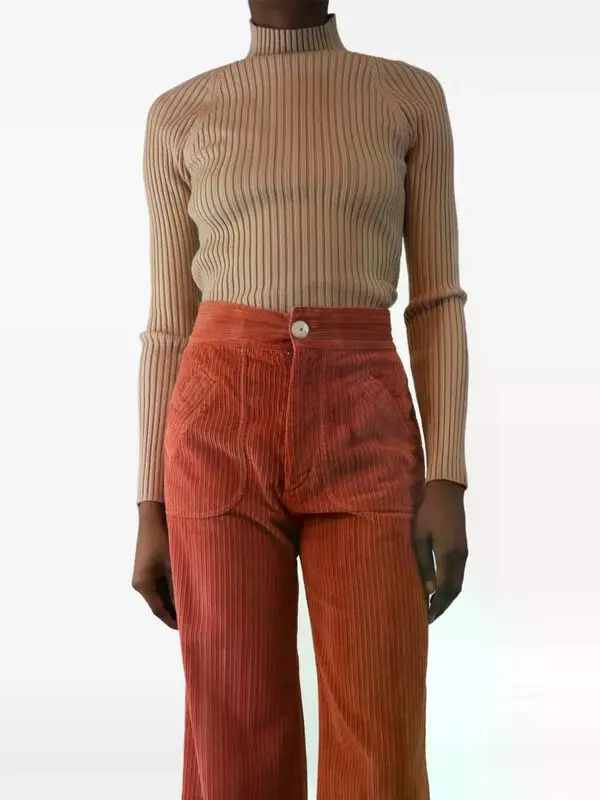 Alice + Olivia Beige Ribbed Knit Roll Neck Long Sleeve Top