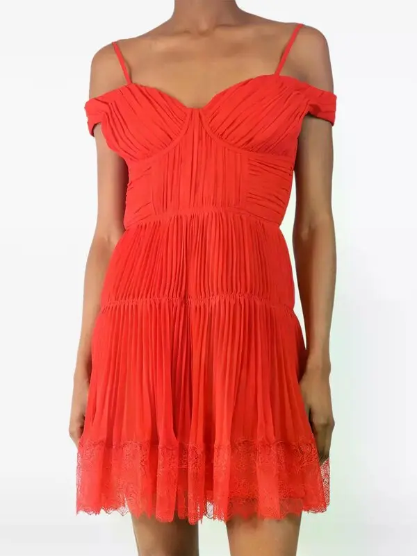 SELF-PORTRAIT Pleated Lace-trim Sweetheart Neck Mini Dress - Red