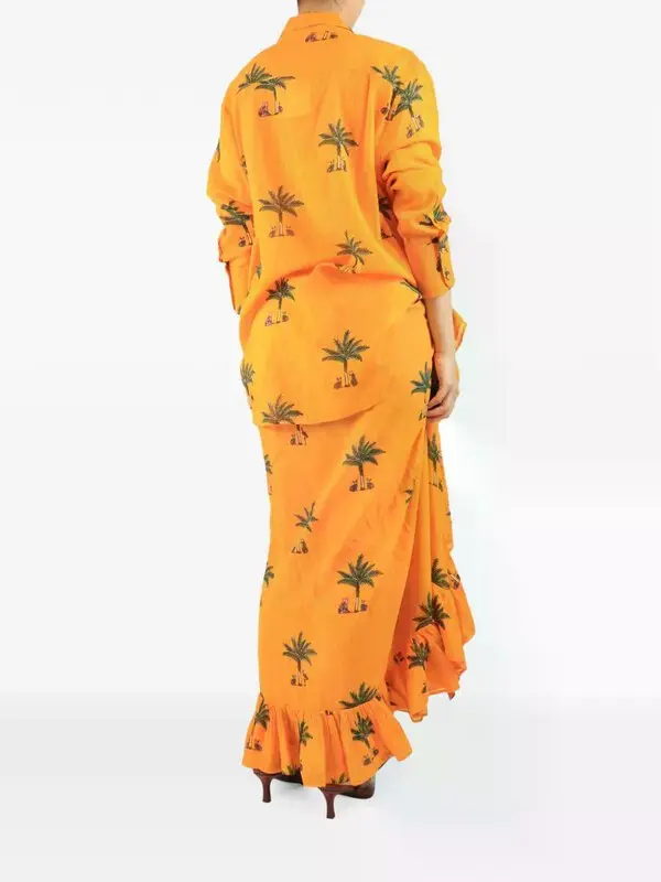 CONIGLIO PALM BEACH Cotton Palm Tree-print Shirt And Sarong Skirt Set - Orange