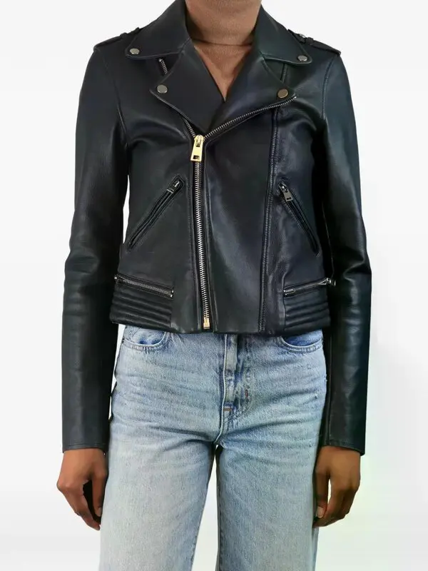 Maje Navy Leather Biker Jacket