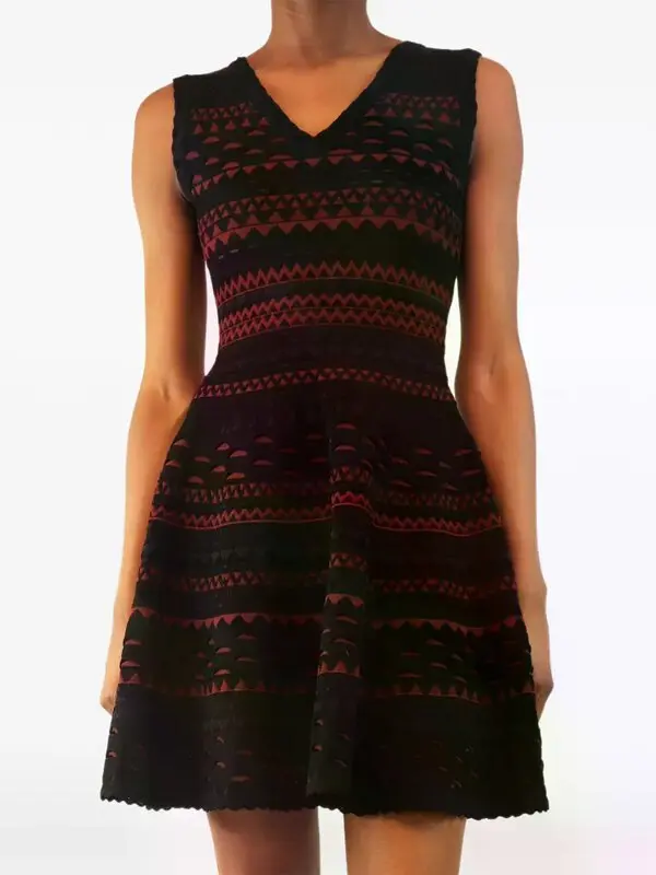Alaïa Red Geometric Pattern V-neck Sleeveless Scallop-edge Trim Flared Hem Dress