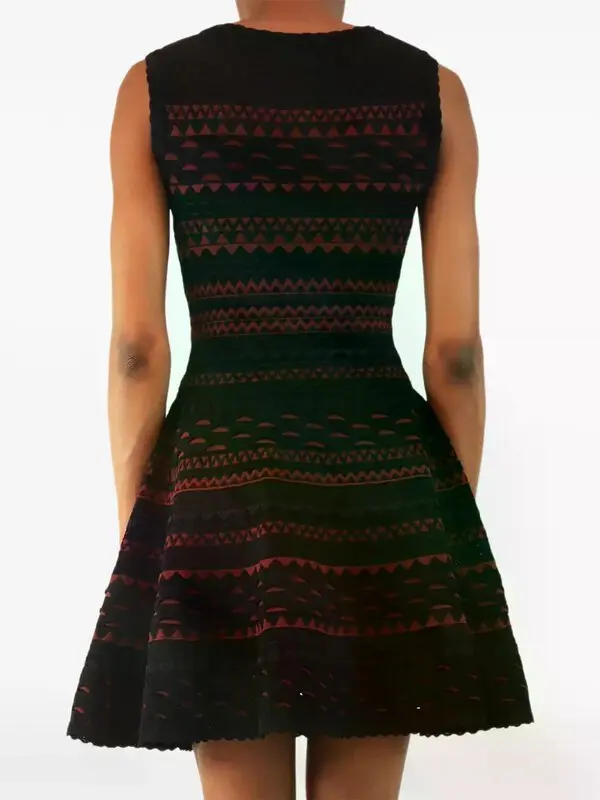 Alaïa Red Geometric Pattern V-neck Sleeveless Scallop-edge Trim Flared Hem Dress