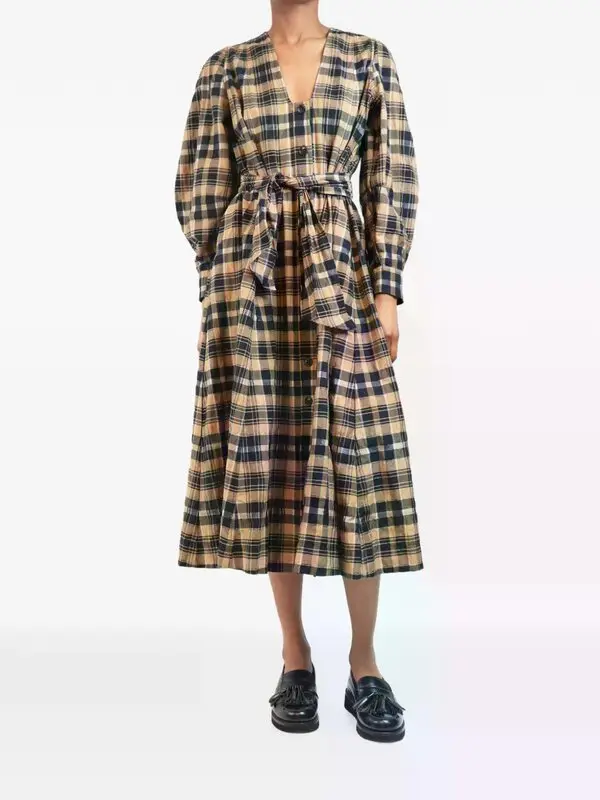 GANNI Seersucker Midi Dress - Brown