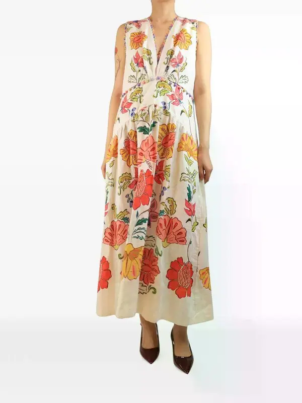Farm Rio Floral Print Pompom Trim Maxi Dress - Neutrals