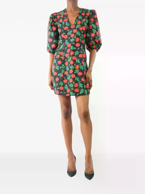 GANNI Floral Print Puff Sleeve Mini Dress - Black
