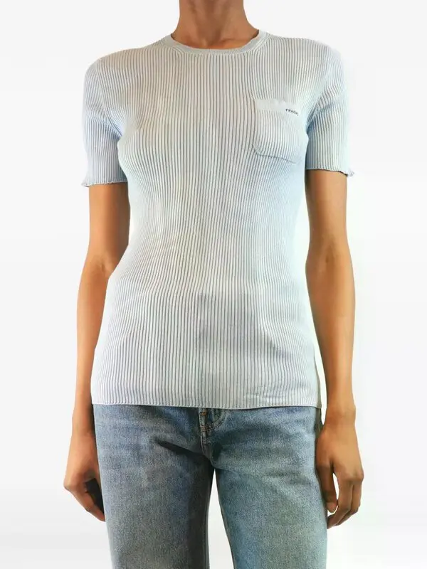 Prada Ribbed Knit Chest Pocket Top - Blue